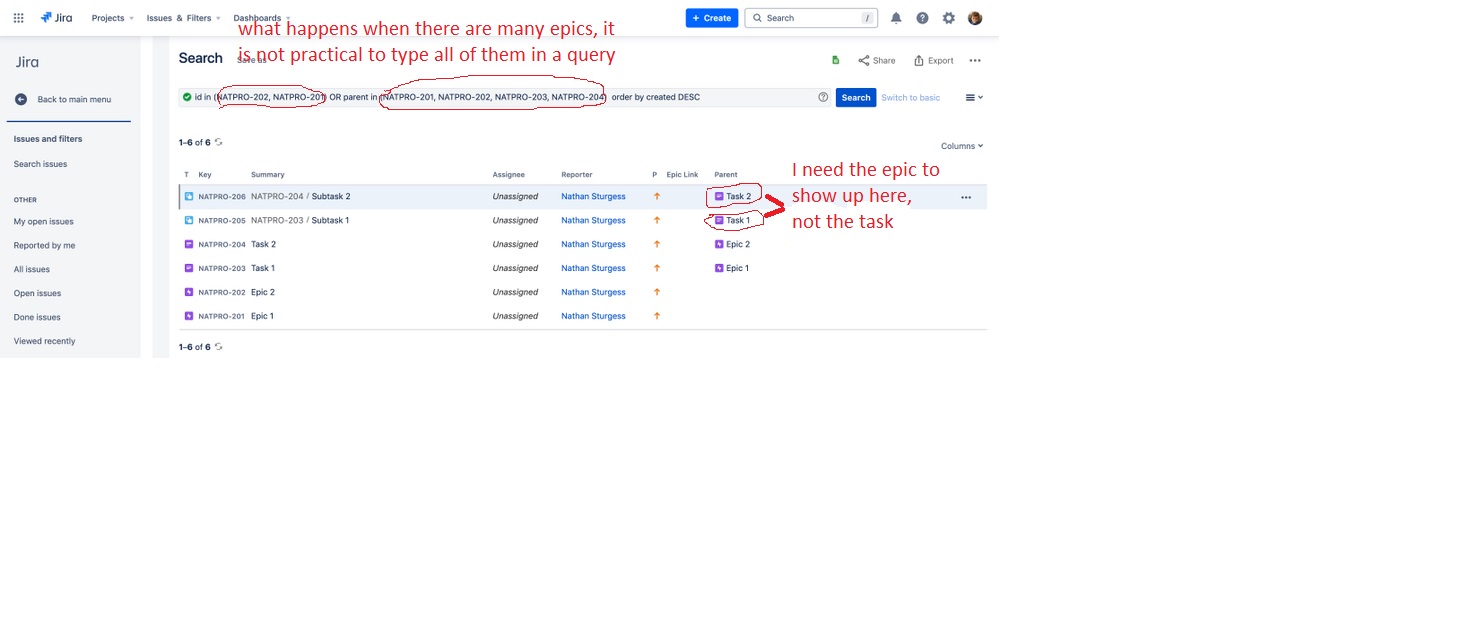 how do you display epic name in the results column...