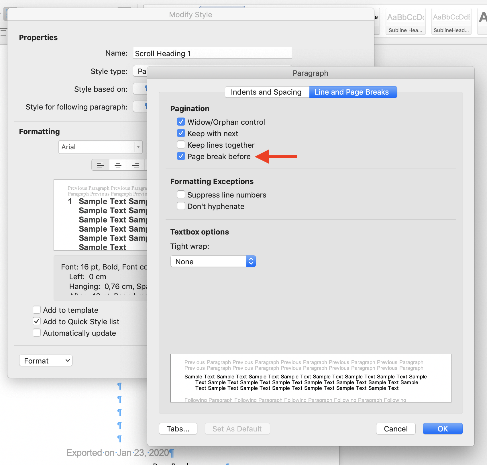 How to add a page break to the scroll word exporte...
