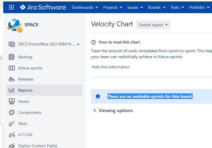 Velocity Chart "There are no available sprints for...