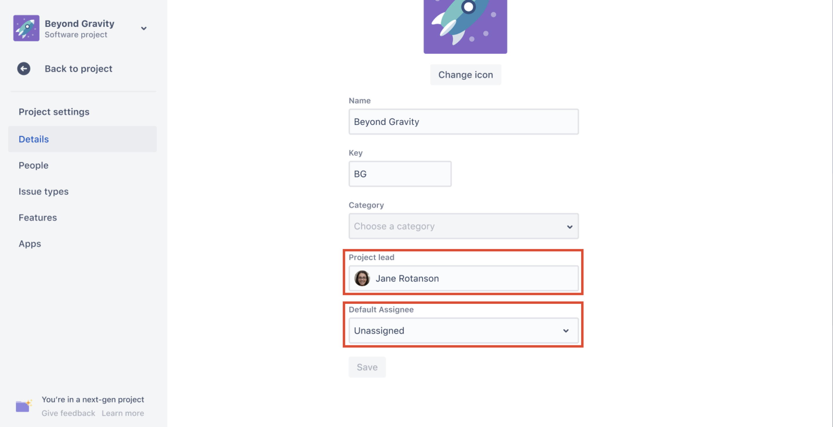 Next Gen Project Lead Default Assignee 