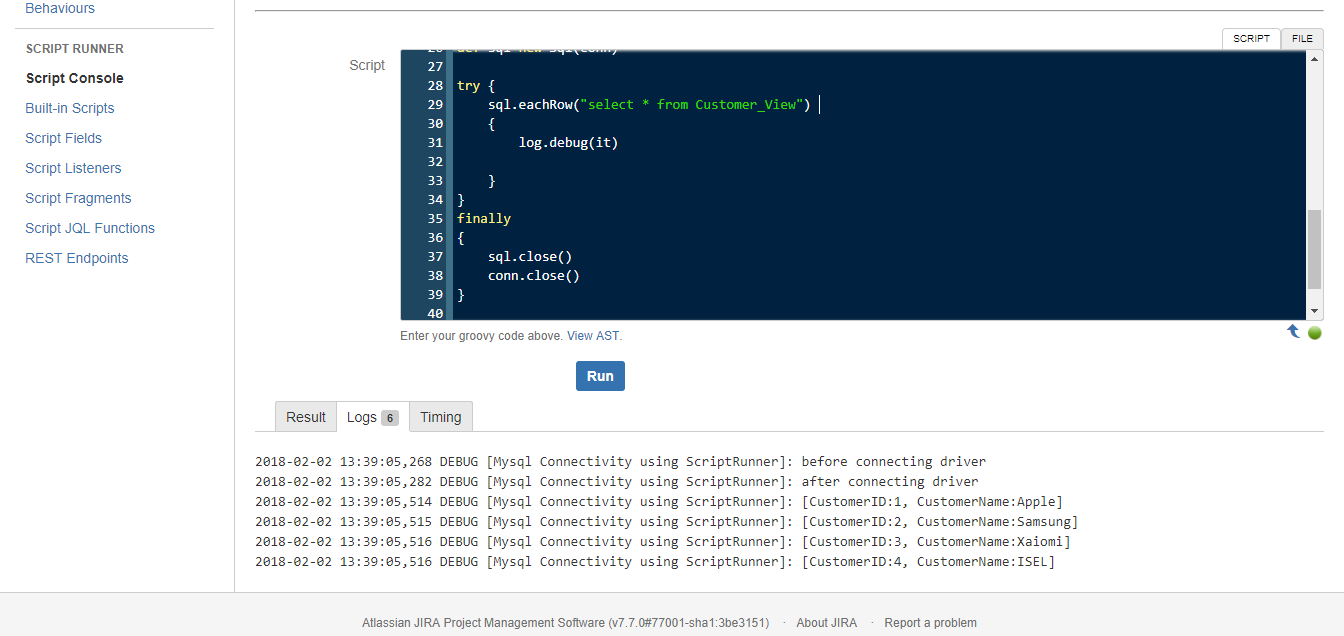 Not able to connect mysql db using scriptrunner