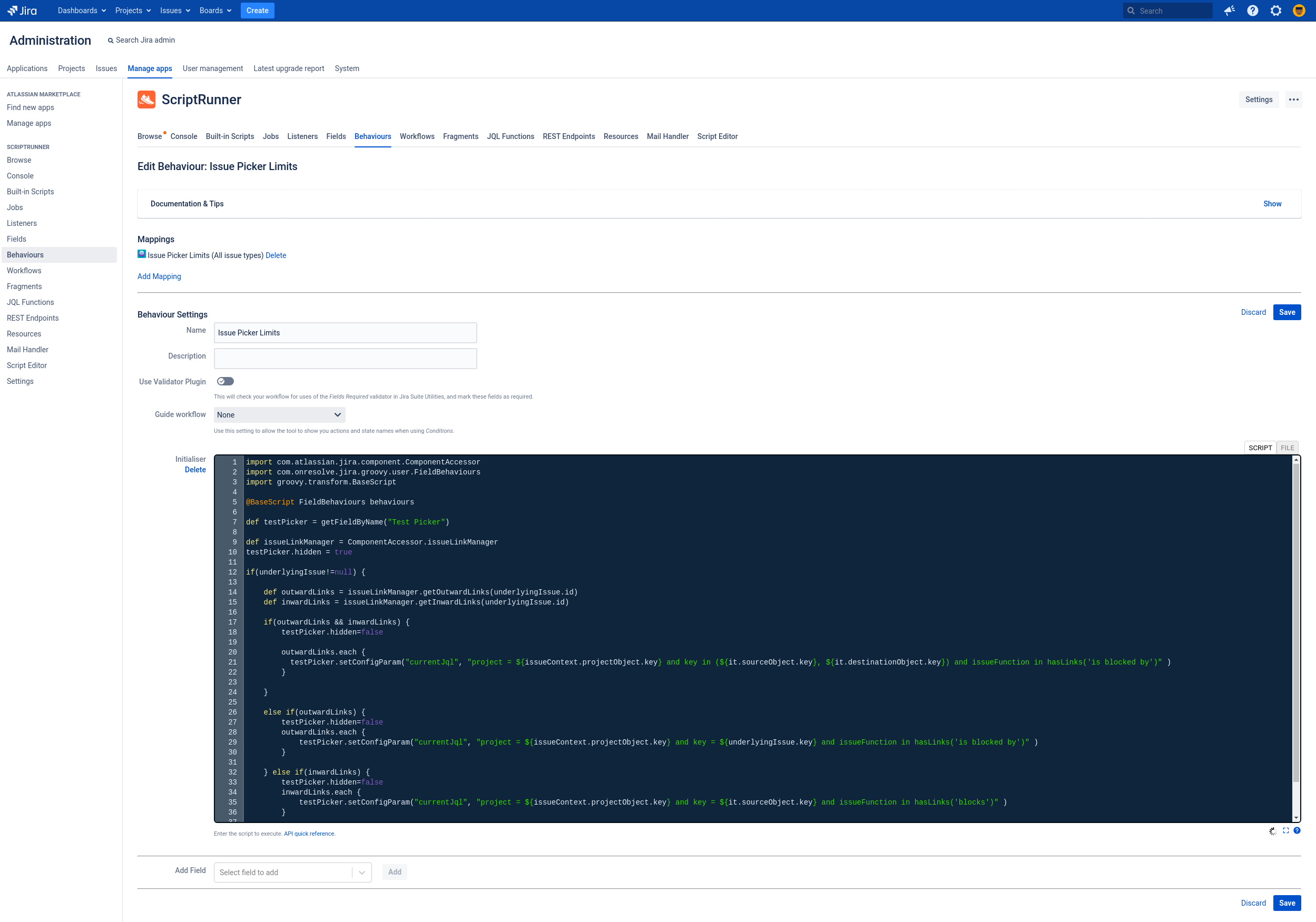 Script Behaviour How To Limit Issue Picker Filed