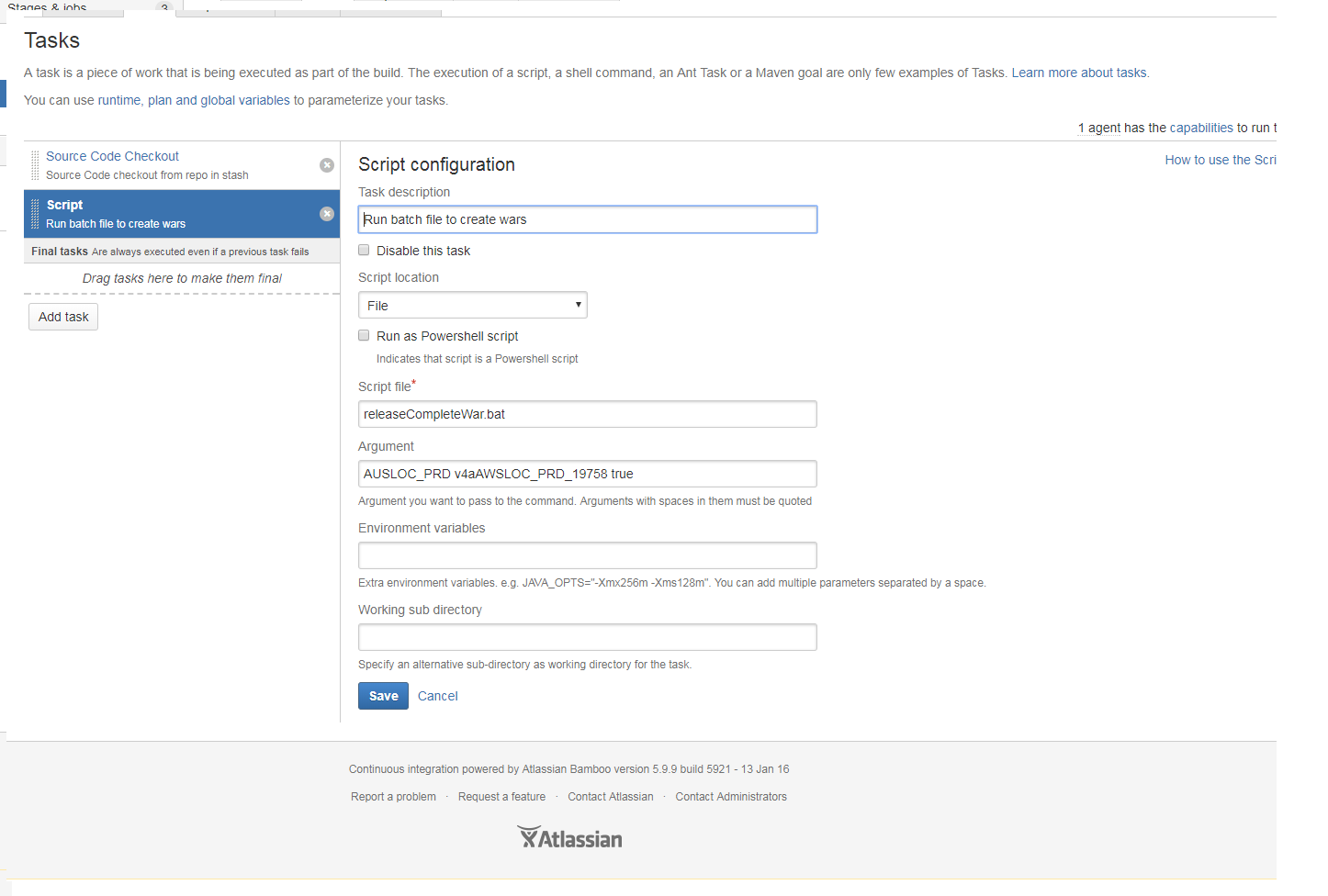 Bamboo Build Task Script Task To Run Batch File