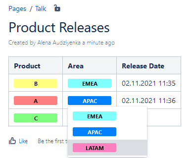 Add drop-down menu in confluence table rows