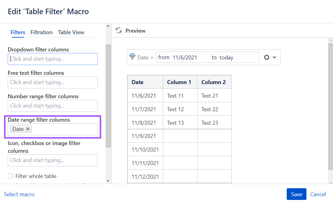 Confluence Table with dates in front of the column...