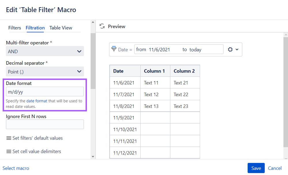 Confluence Table with dates in front of the column...