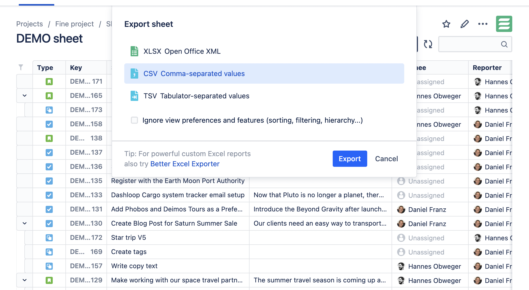 Export Stories Along With Sub tasks To CSV