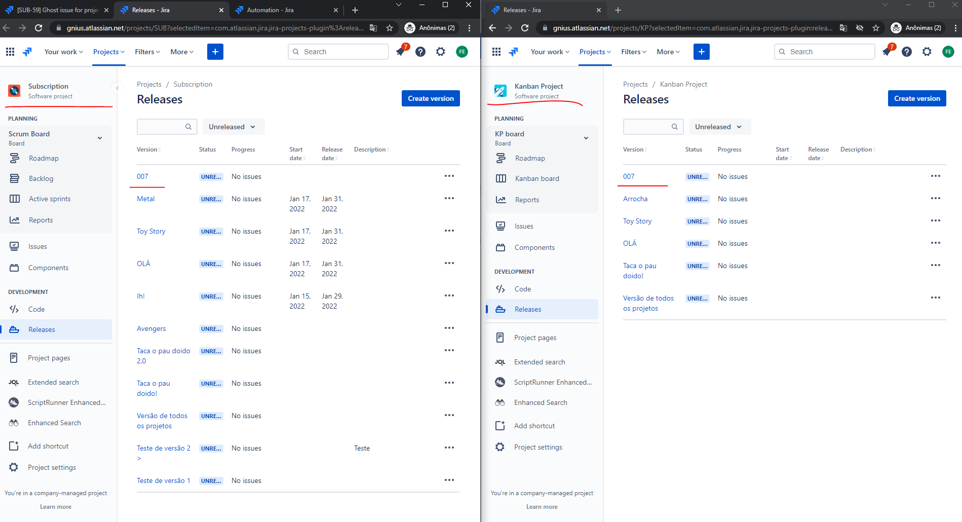 Create Release across multiple projects