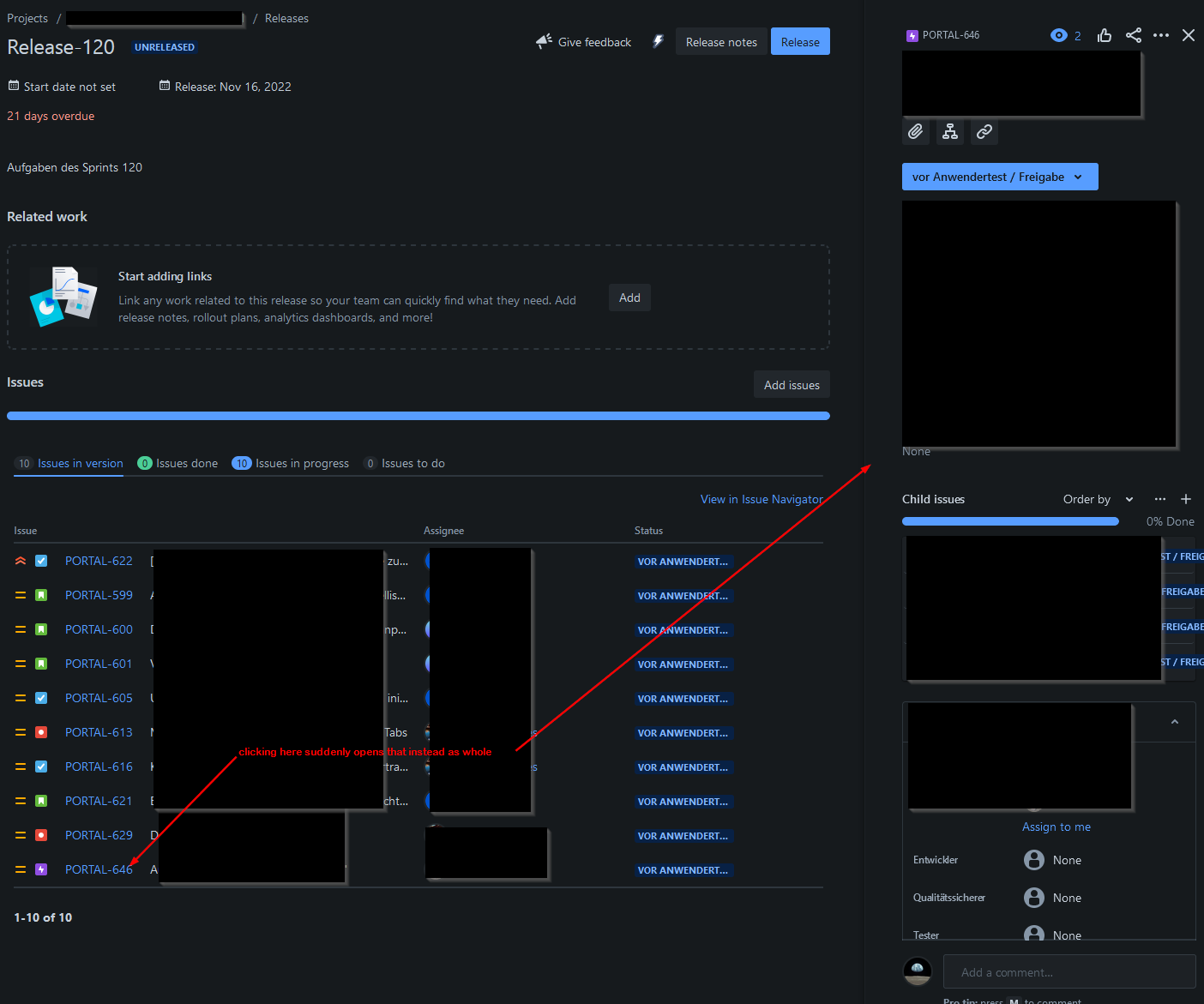 In release view issues open suddenly in side panel...