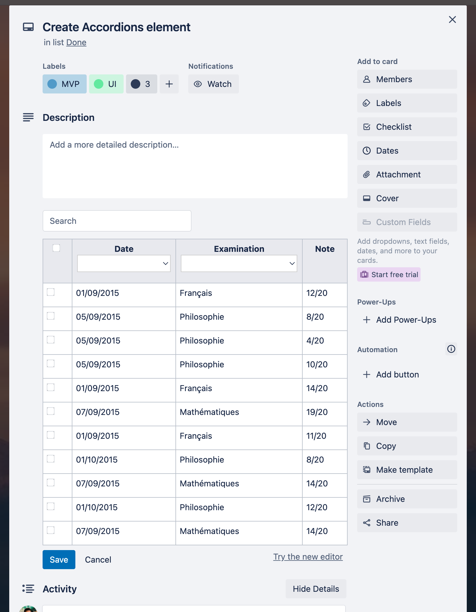 Adding a Table inside Trello Card Description