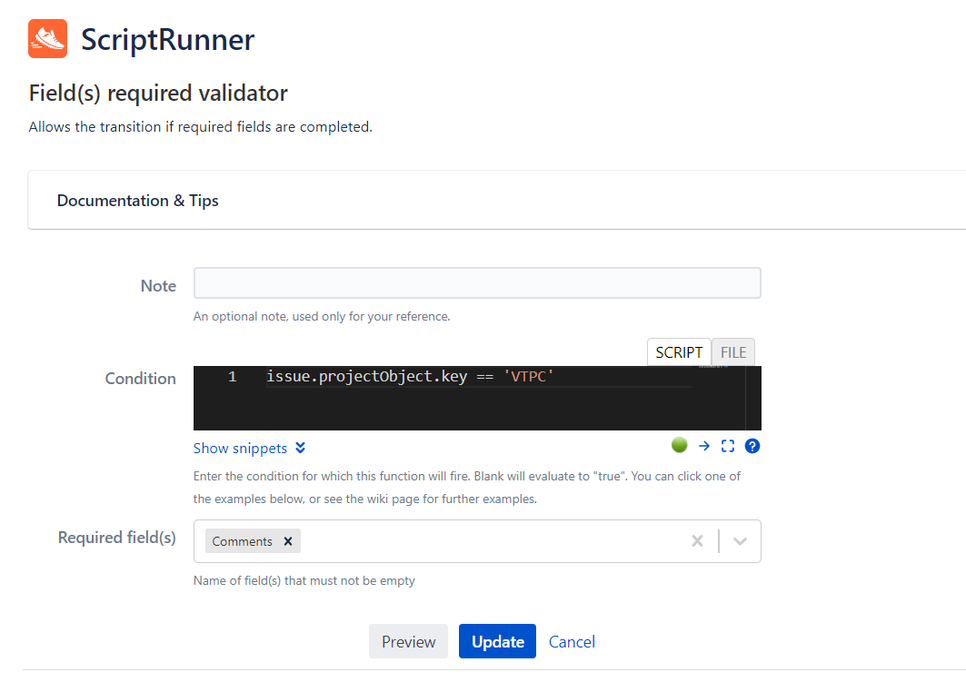 Solved: Sriptrunner validator on transition: to check comm...