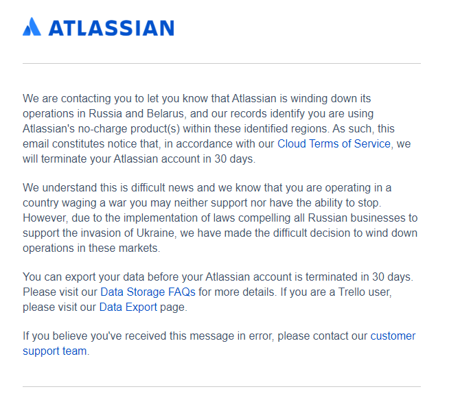 Terminate your Atlassian account in 30 days Terminate your Atlassian account in 30 days