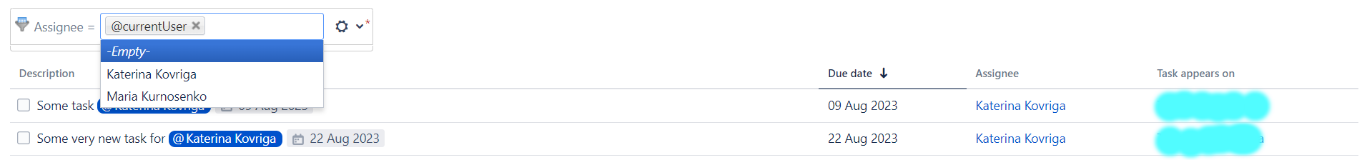 confluence task list filtered by current user
