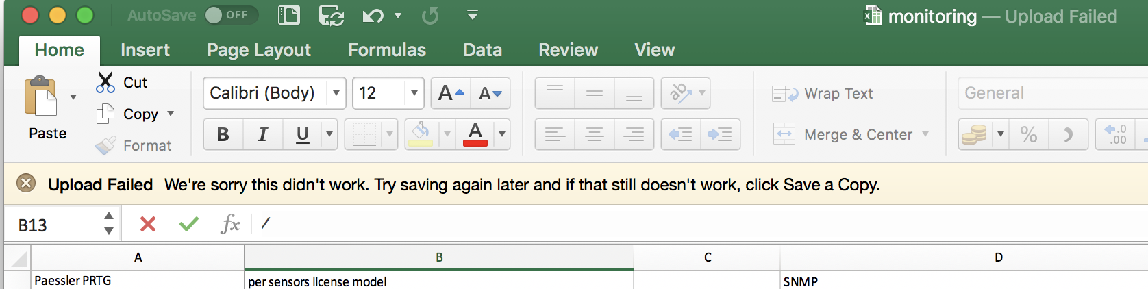 Upload Failed After Inactivity From Excel 2016