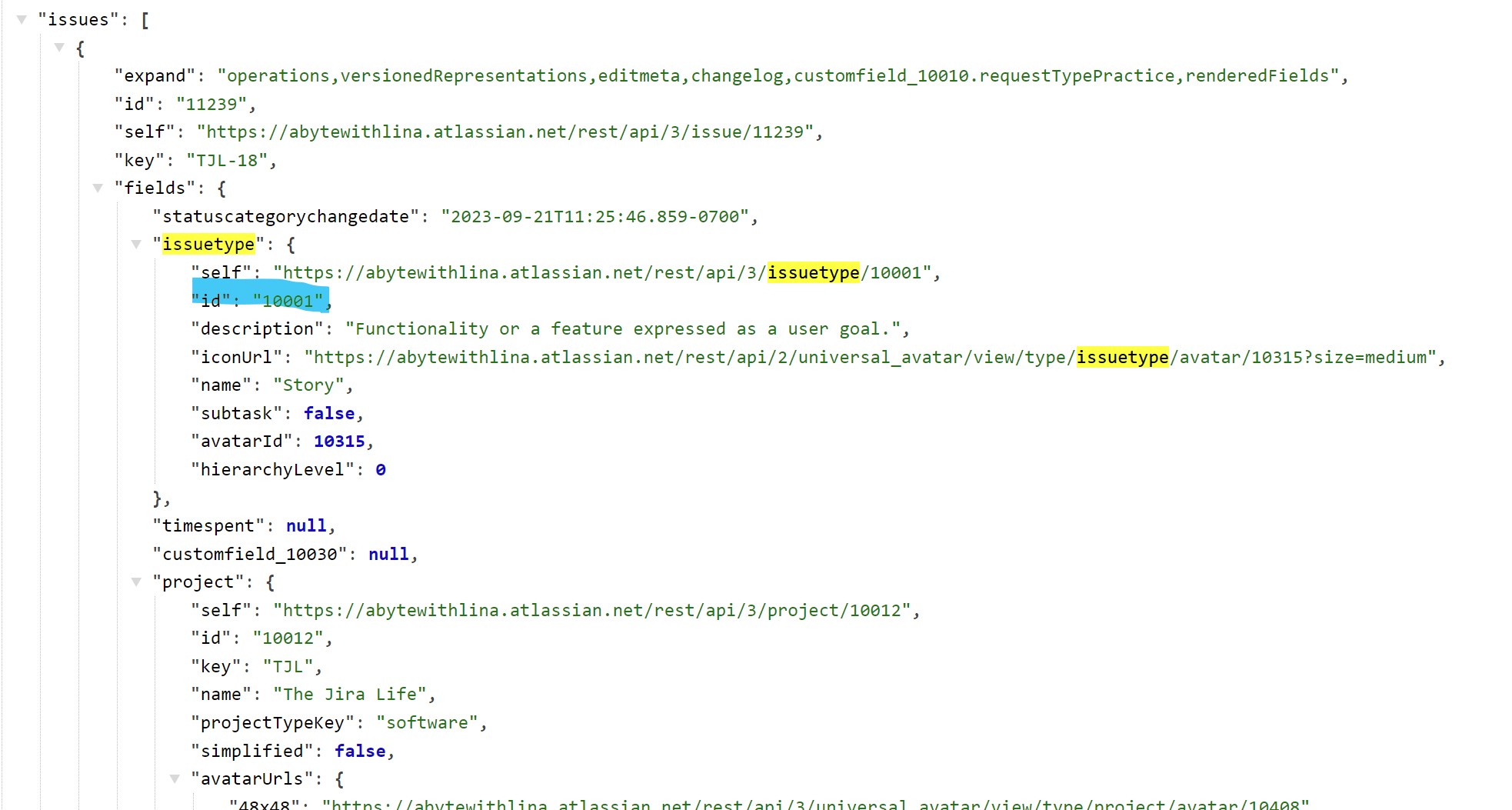 Using /rest/api/3/search to return IssueType