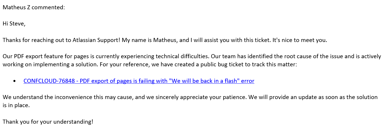 Confluence Error Message When Trying To Export Pag