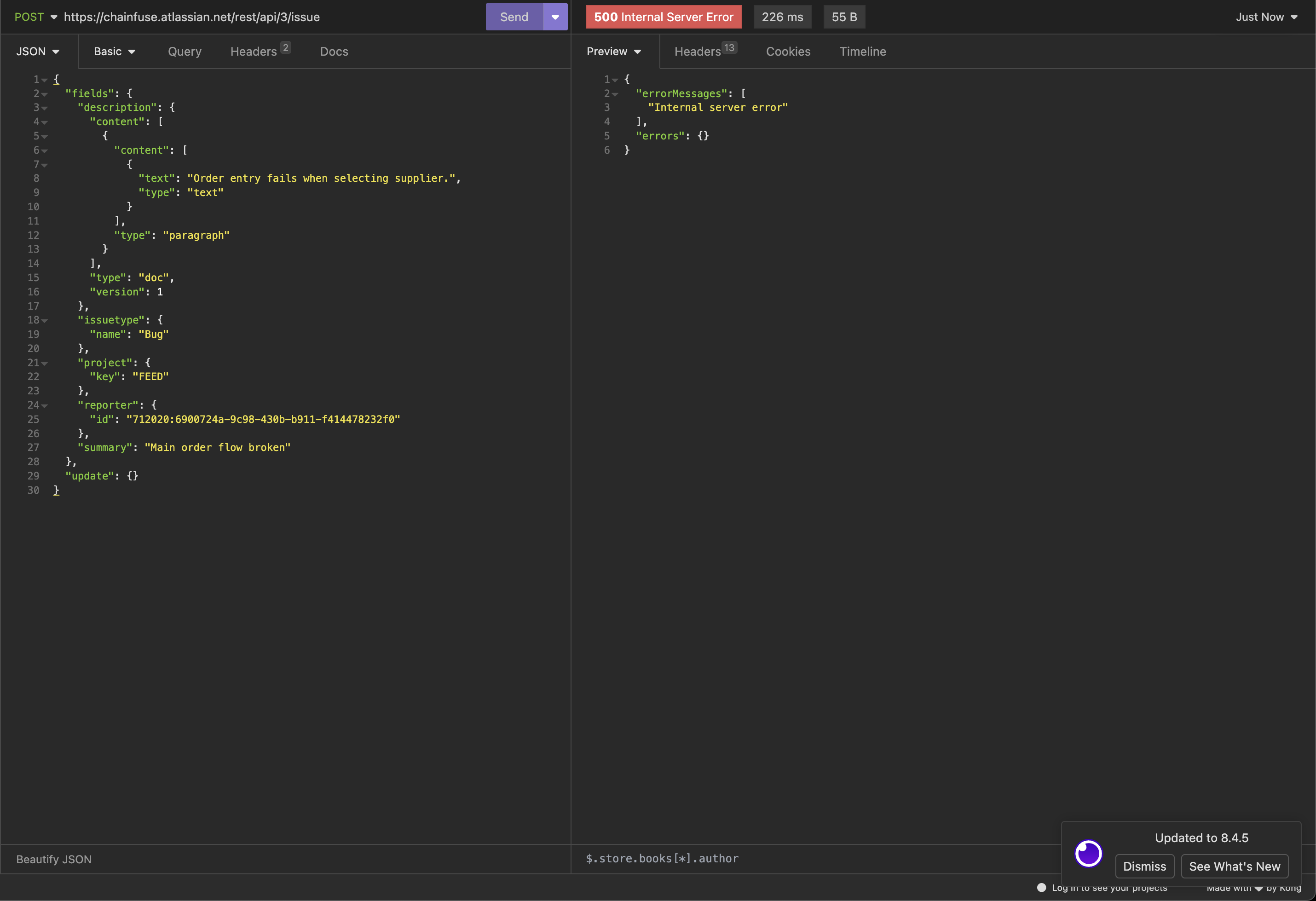 Using REST API returns "Internal server error"