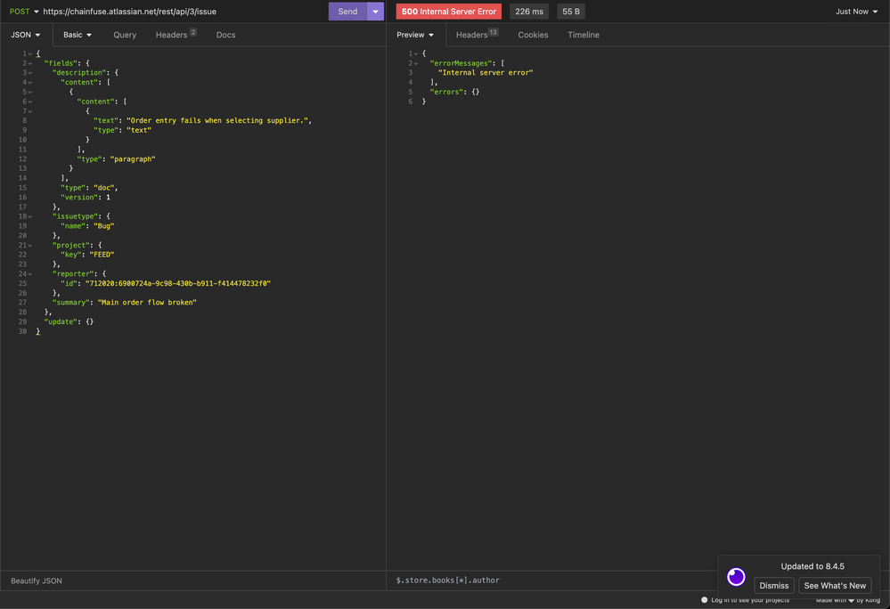 Using REST API returns "Internal server error"