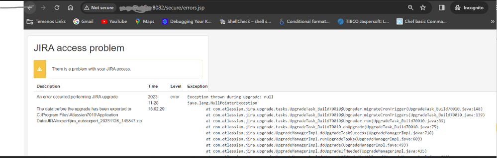 Getting Nullpointer Exception When Upgrading Jira