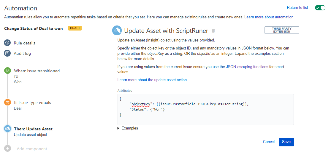 Status Synch Asset Object Jira Issue