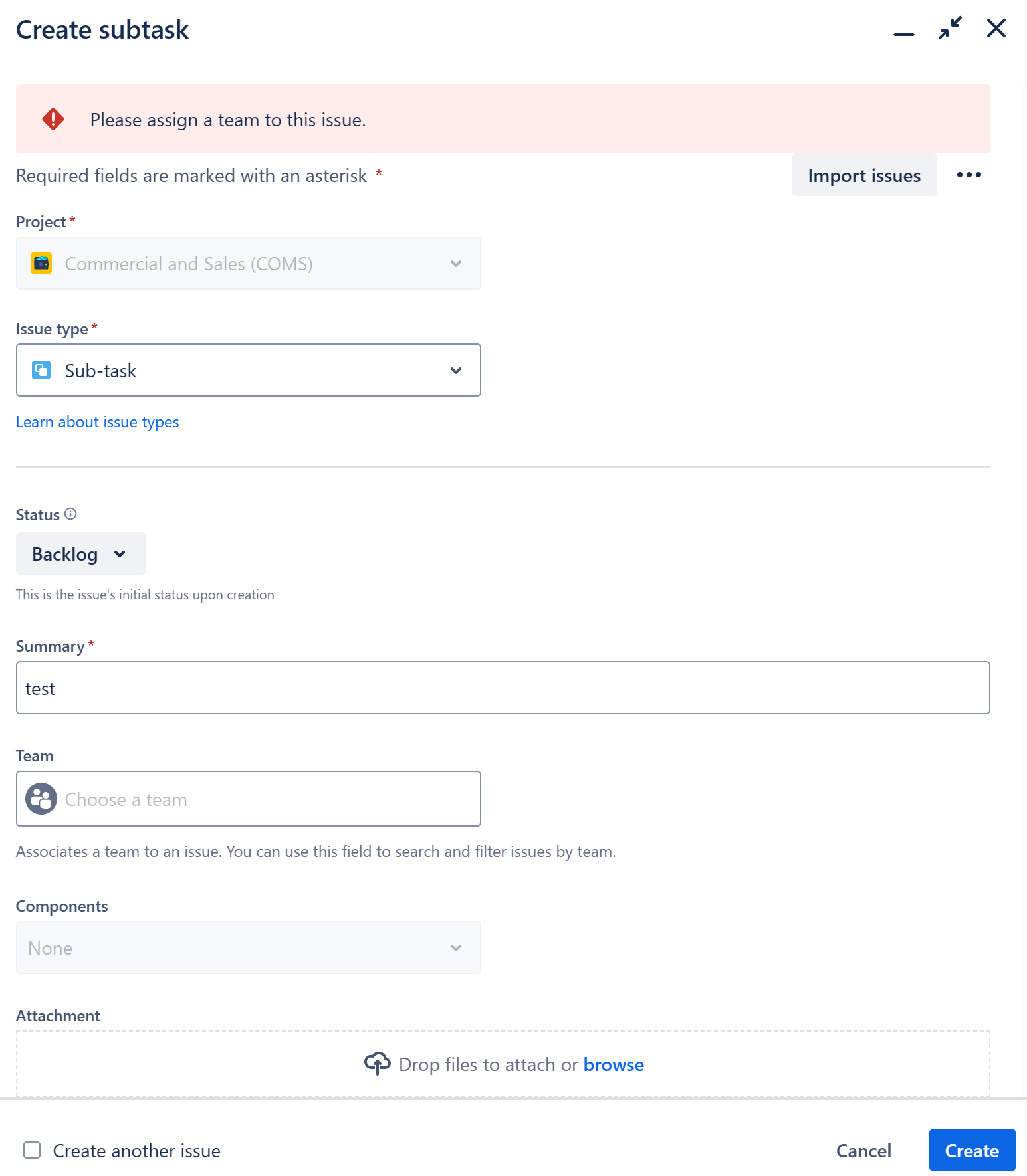 Cant Create A Subtask Issue Team Field Not Sele