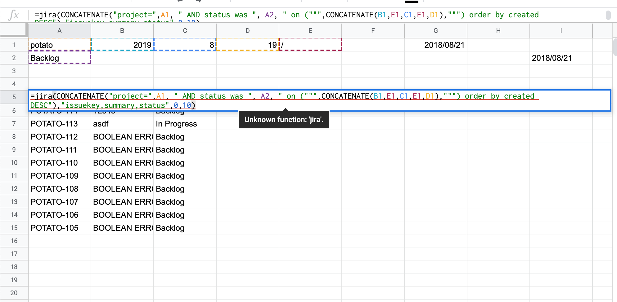 Solved Jira Cloud For Sheets Use And Status Was On