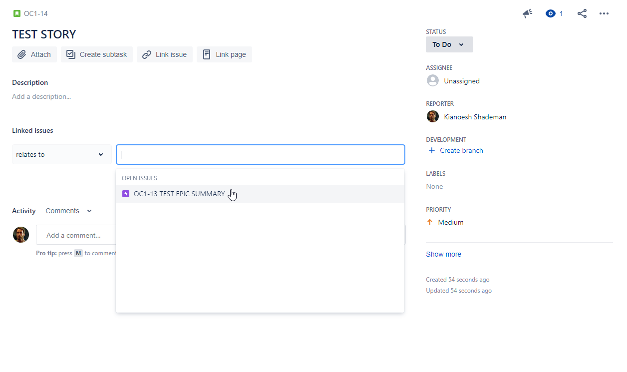 Epic summary shows when linking story to Epic