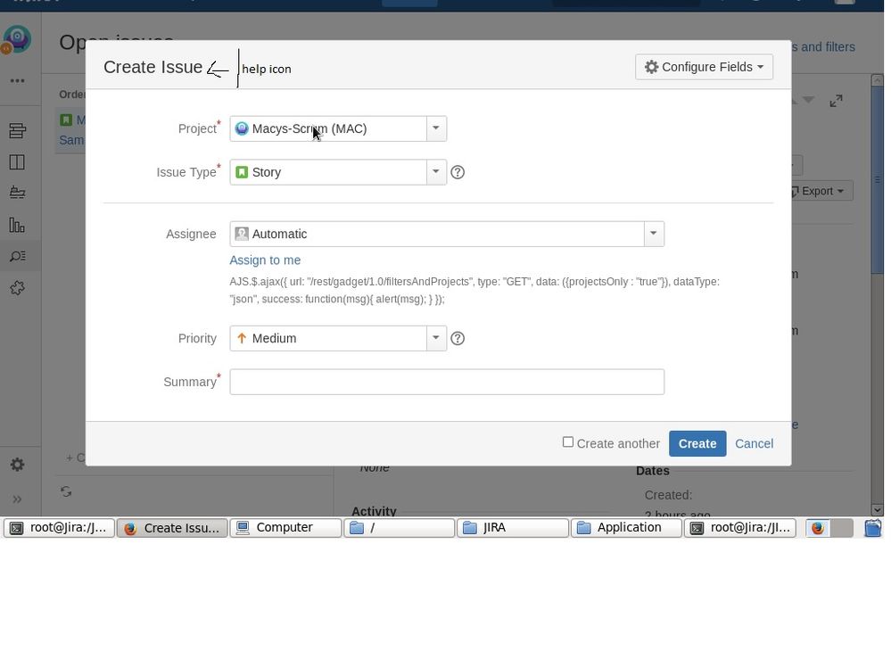 how to get a help icon in Create Issue screen