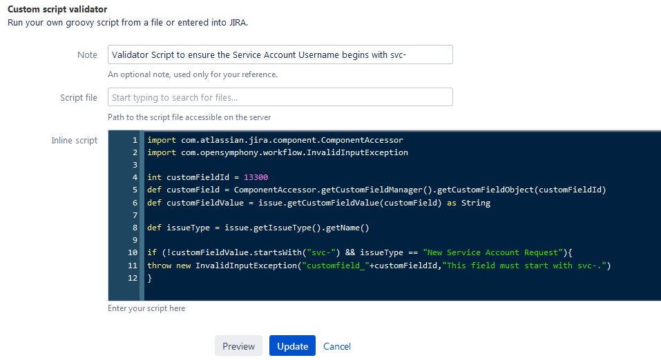 Solved: Scriptrunner validator to check if custom field be...