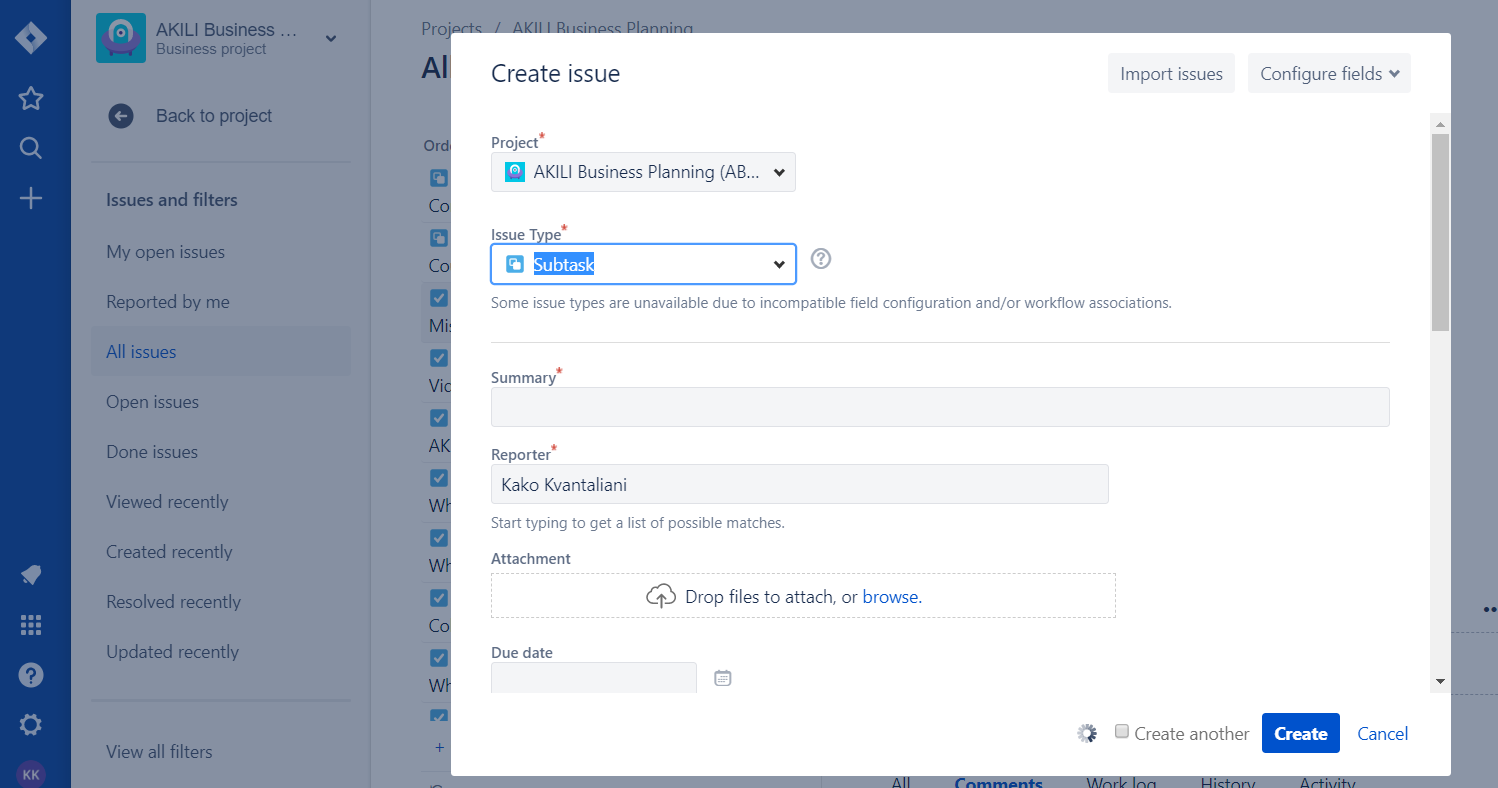 Task, Subtask in Business Project