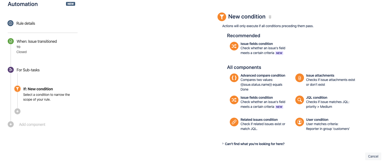Automation for Jira - When adding a new rule the l...