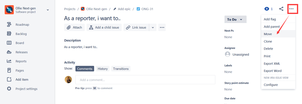 Change the Issue type from test case to Story