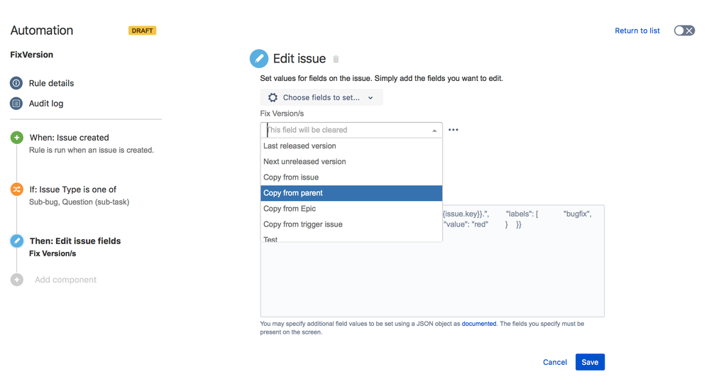 FixVersion in Automation rule